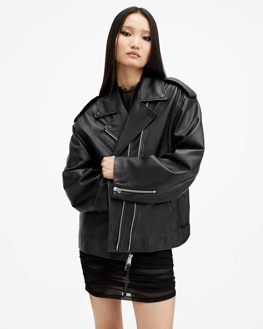 Daylen Oversized Leather Biker Jacket Black | ALLSAINTS